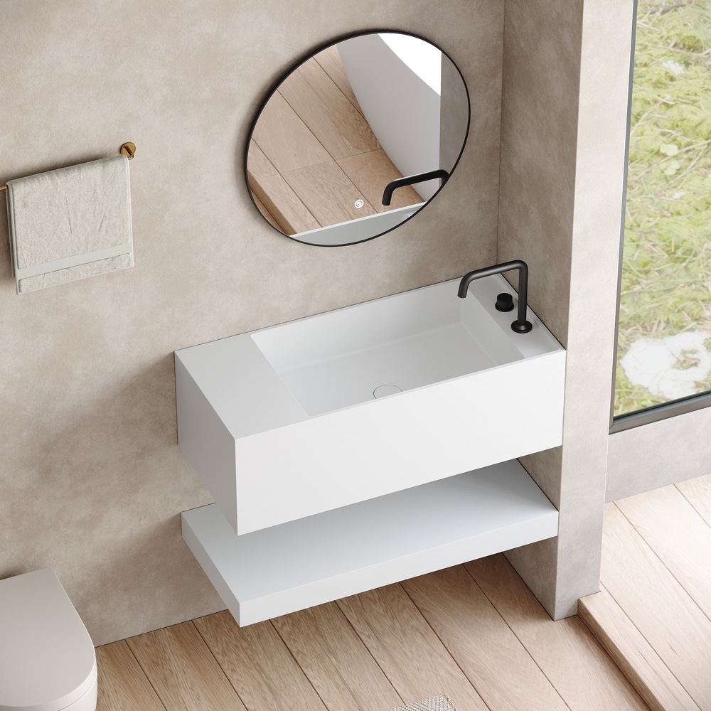 KT-6505 Solid Surface Wall-Mounted Basin with Storage Shelf
