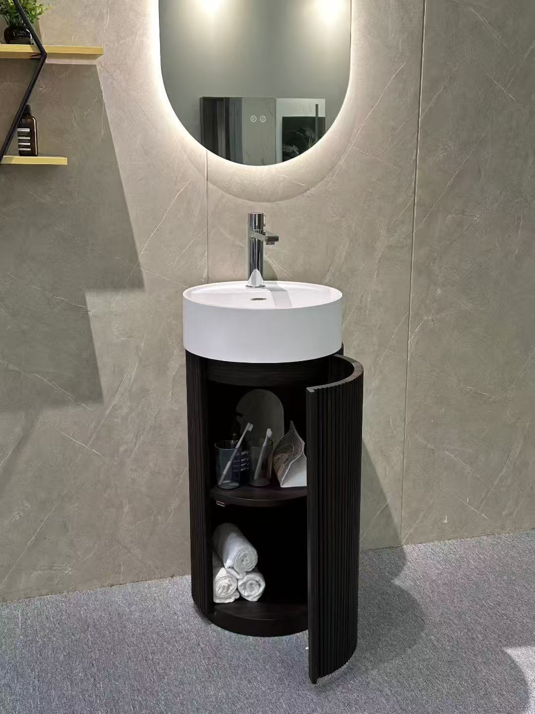 KT-6408 Solid Surface Pedestal Wash Basin with Storage Cabinet
