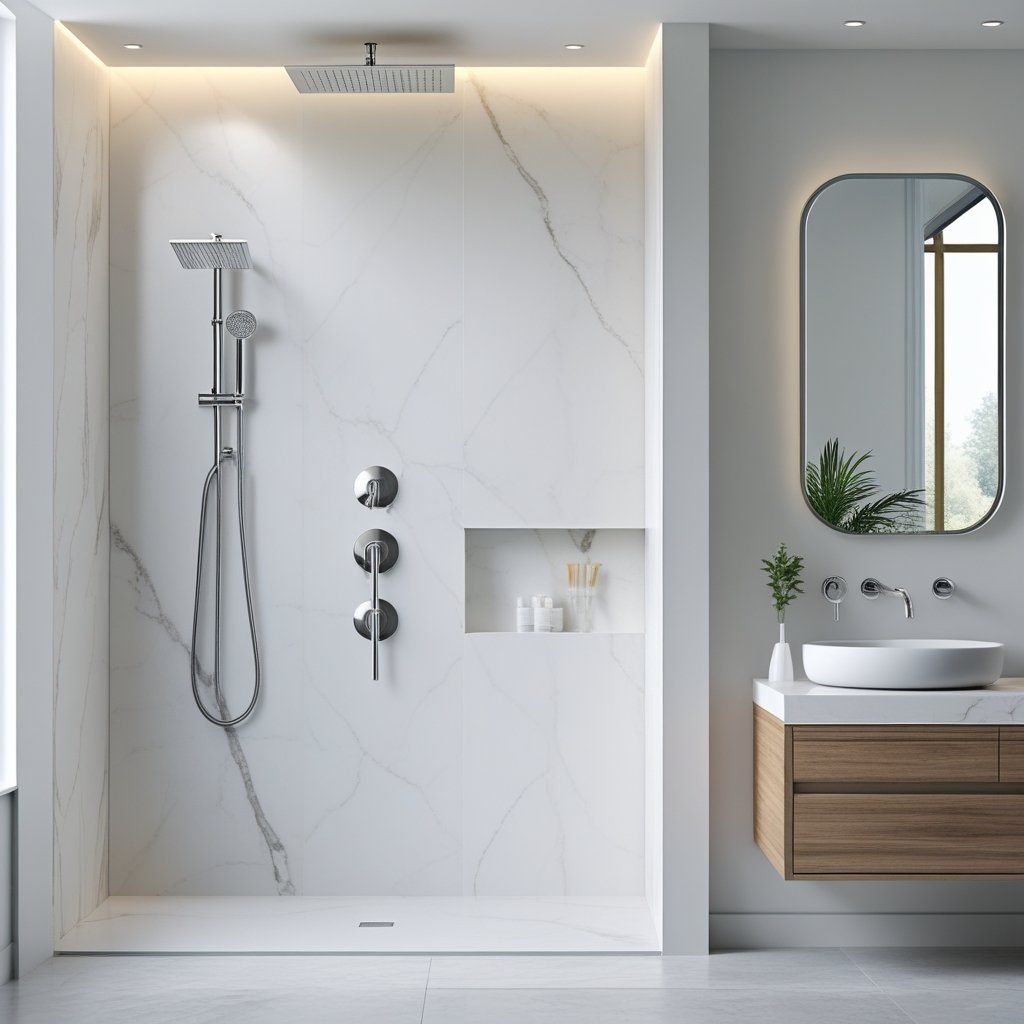 Low-Stress Bathroom Remodel with Solid Surface Shower Wall Panels